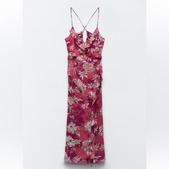 Zara | Dresses | Zara Maxi Dress Printed Ruffles Floral Pinksleeveless ...